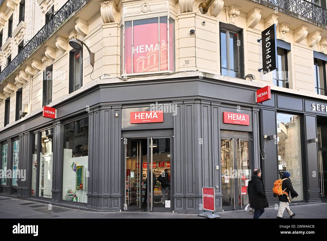 Lyon, France. 27th Jan, 2024. Hema Illustration of commercial signs and ...