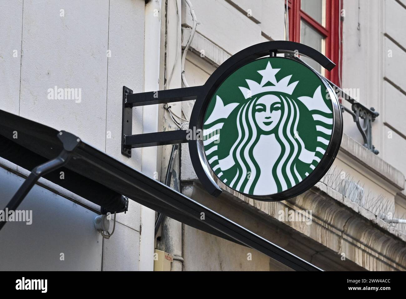 Lyon, France. 27th Jan, 2024. Starbucks Illustration of commercial signs and shops in Lyon ...