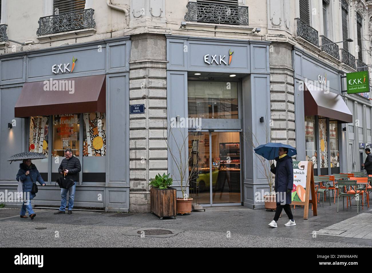 Lyon, France. 29th Jan, 2024. Exki Illustration of commercial signs and ...