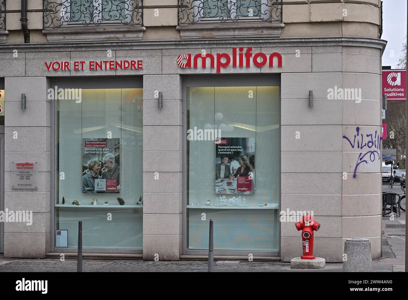 Lyon, France. 29th Jan, 2024. Amplifon Illustration of commercial signs ...