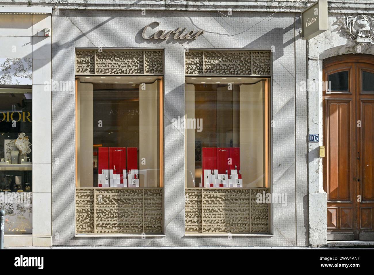 Lyon, France. 16th Feb, 2024. Cartier Illustration of commercial signs ...