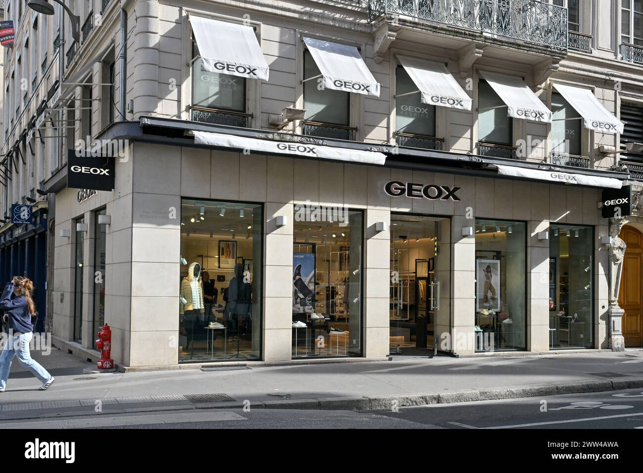 Lyon, France. 16th Feb, 2024. Geox Illustration of commercial signs and ...