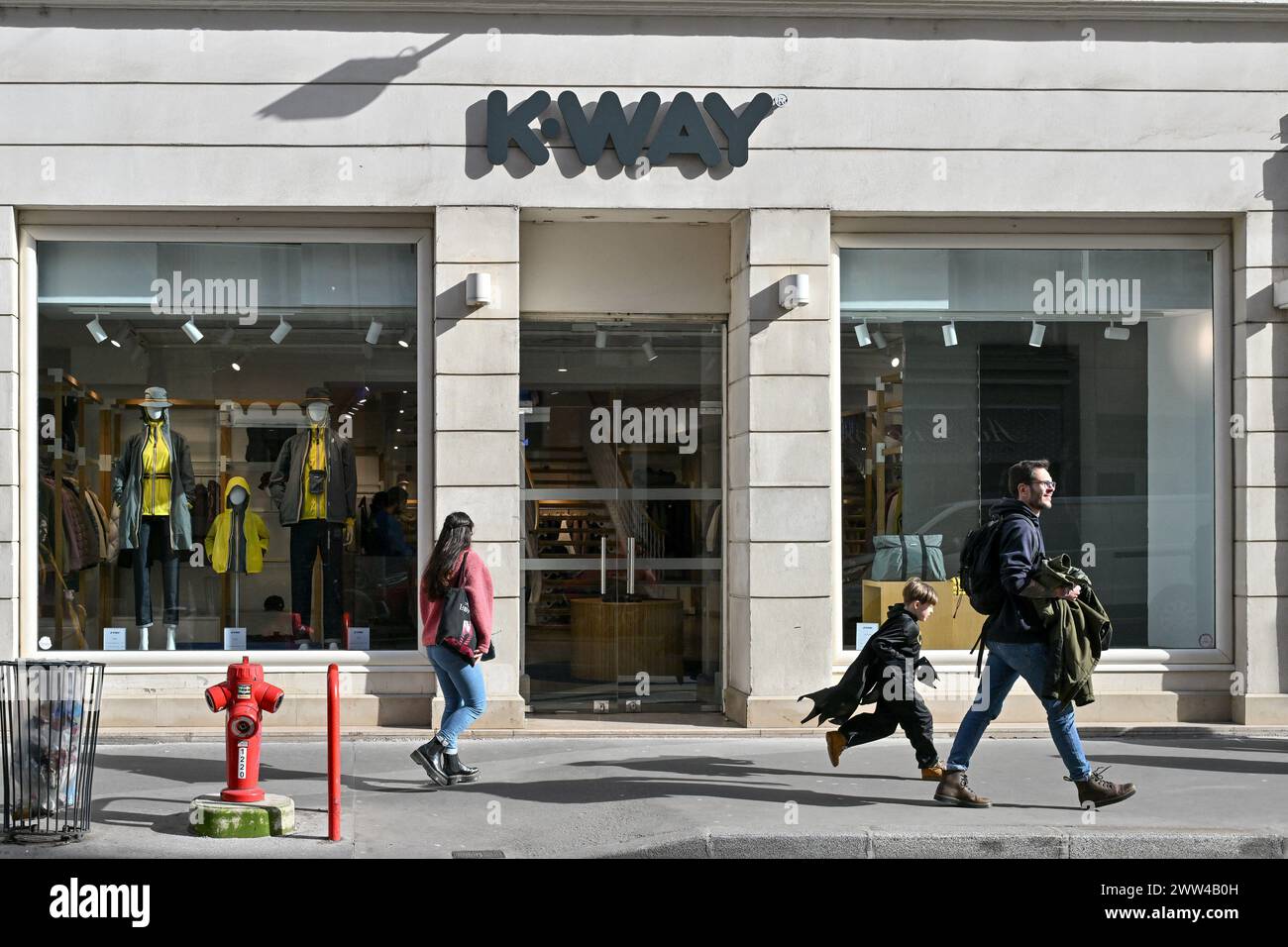 Lyon, France. 16th Feb, 2024. K WAY Illustration of commercial signs ...