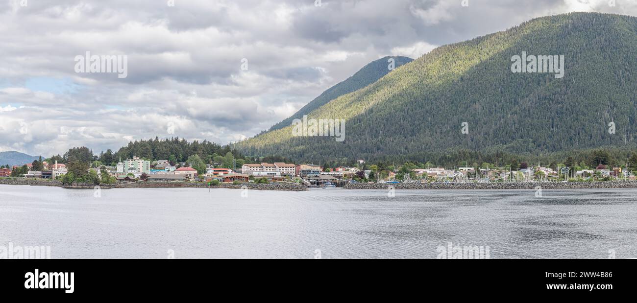 Sitka Sound and Sitka town with cloud topped mountains behind, Alaska ...