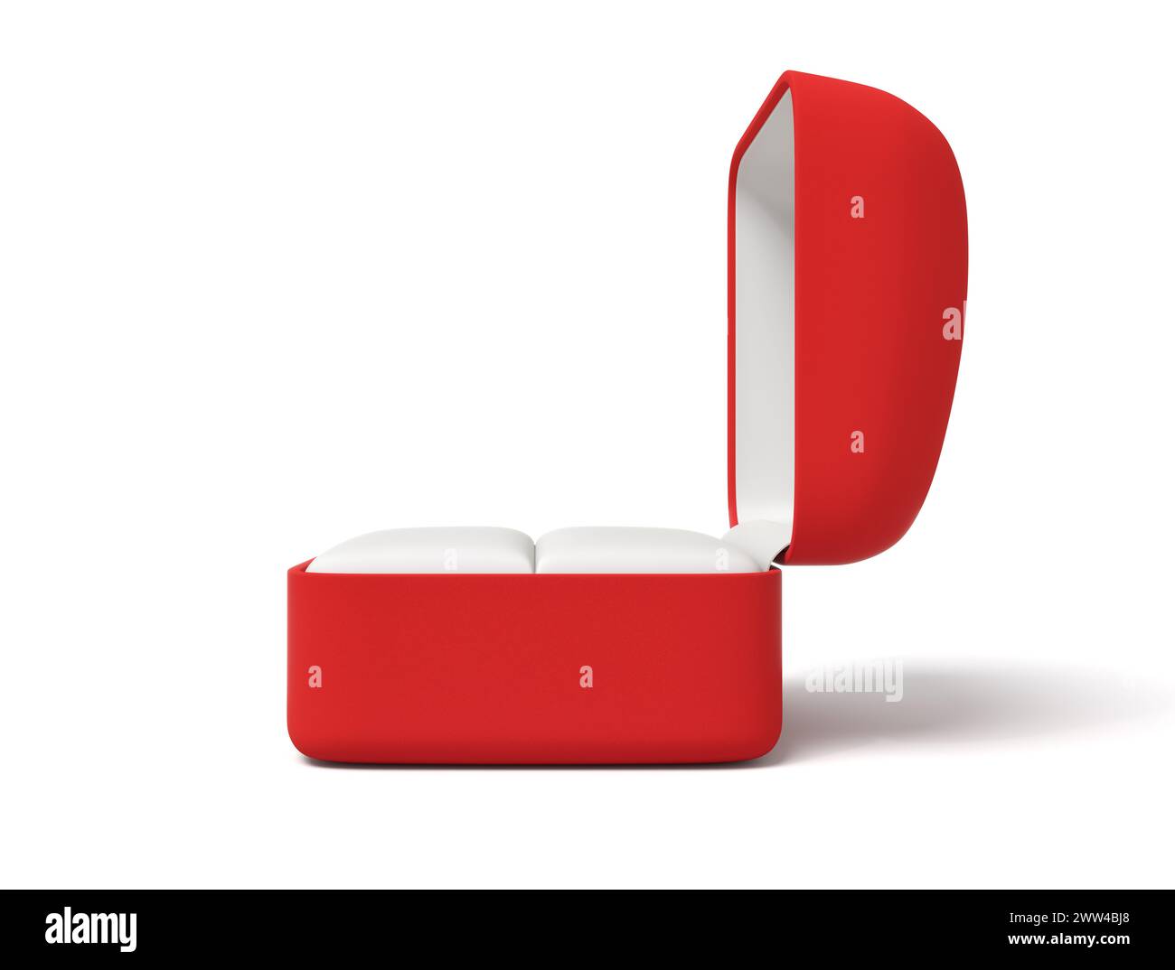 3d close-up rendering of open empty red ring box on white background ...