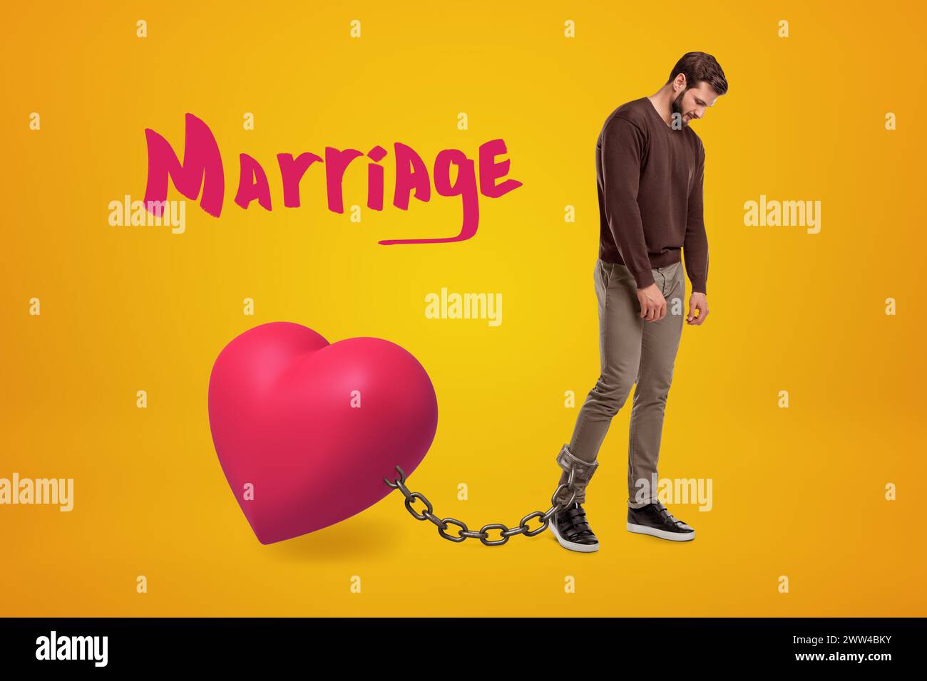 Young sad man chained to heart with 'Marriage' sign above Stock Photo ...