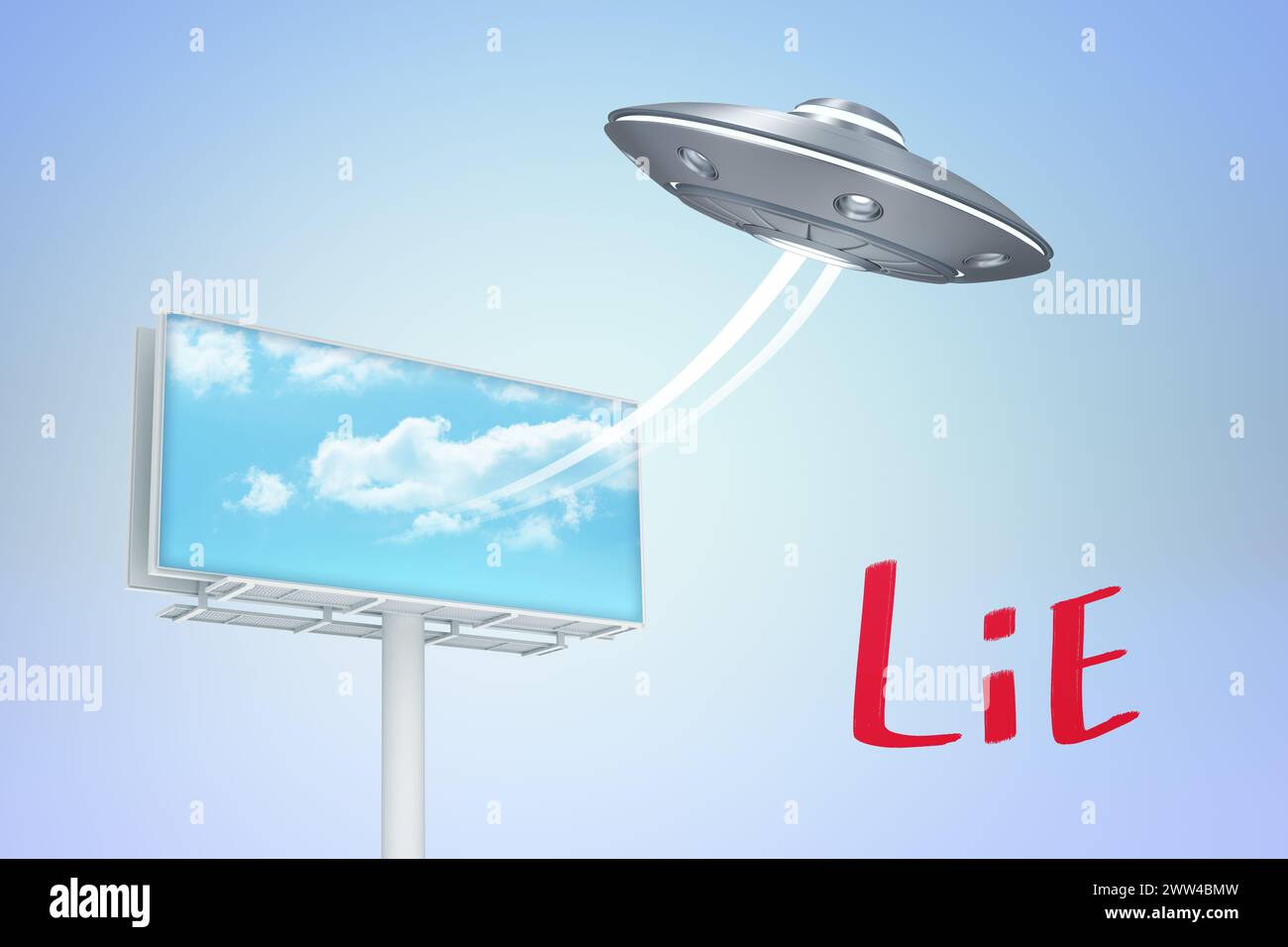 UFO coming out from a billboard with 'Lie' text Stock Photo - Alamy