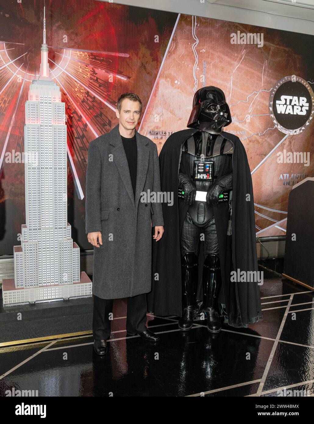 New York, USA. 21st Mar, 2024. Hayden Christensen with costume characters visits Empire State ...