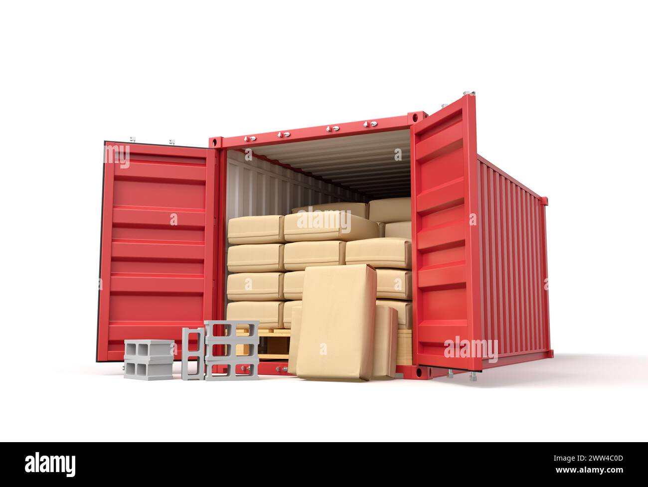 3d rendering of red shipping container filled with packs and bricks ...