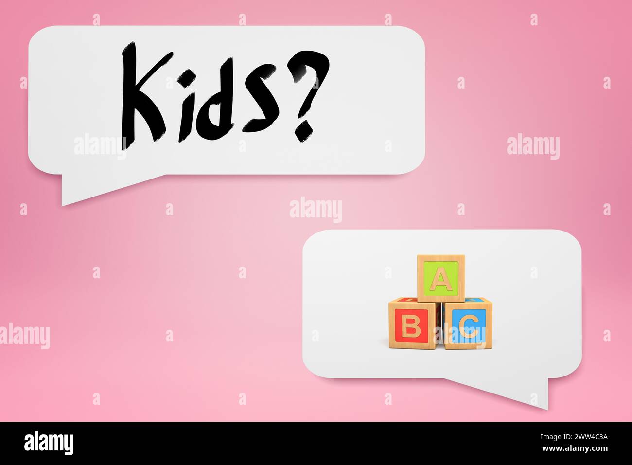 Speech bubble asking 'Kids' with ABC blocks Stock Photo - Alamy
