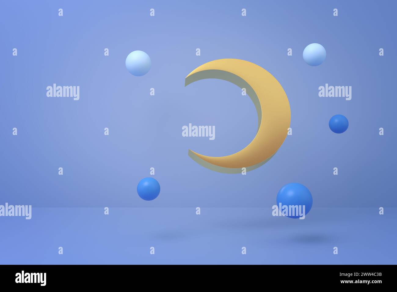 Floating crescent moon and spheres Stock Photo - Alamy