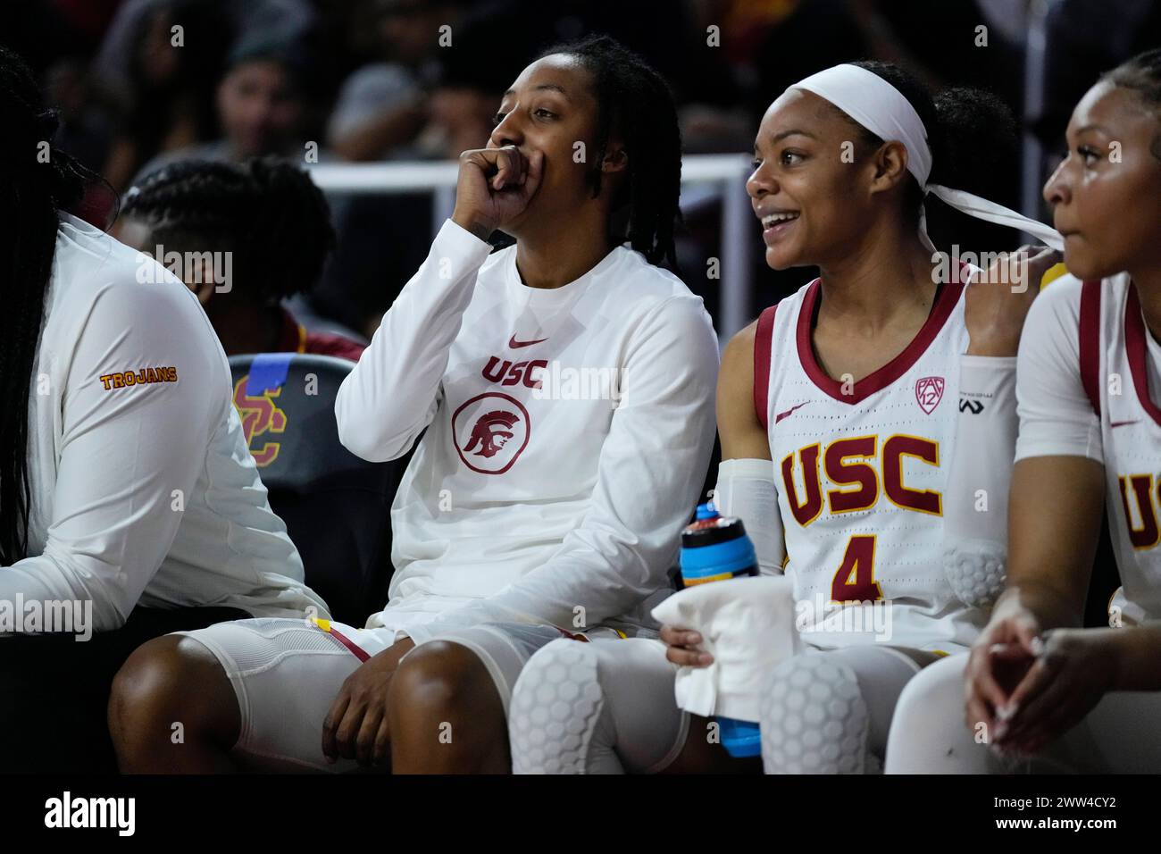 Southern California guard Aaliyah Gayles, center left, sits on the ...