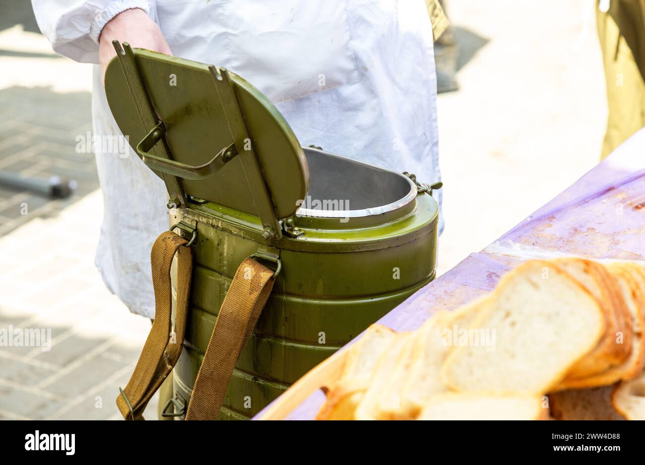 Army canteen tank for carrying and storing food, closeup Stock Photo ...