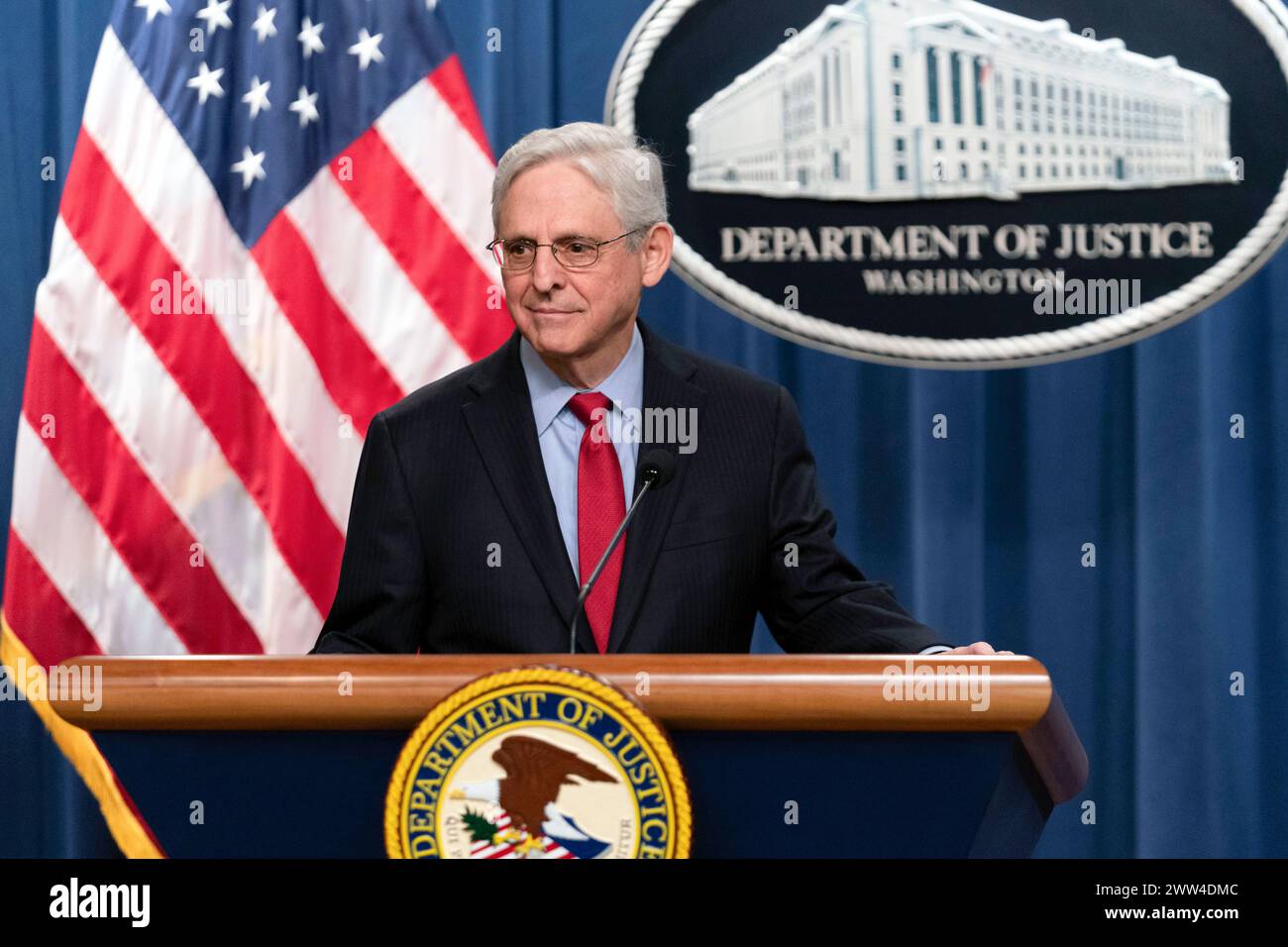 Attorney General Merrick Garland speaks during a news conference at Department of Justice ...