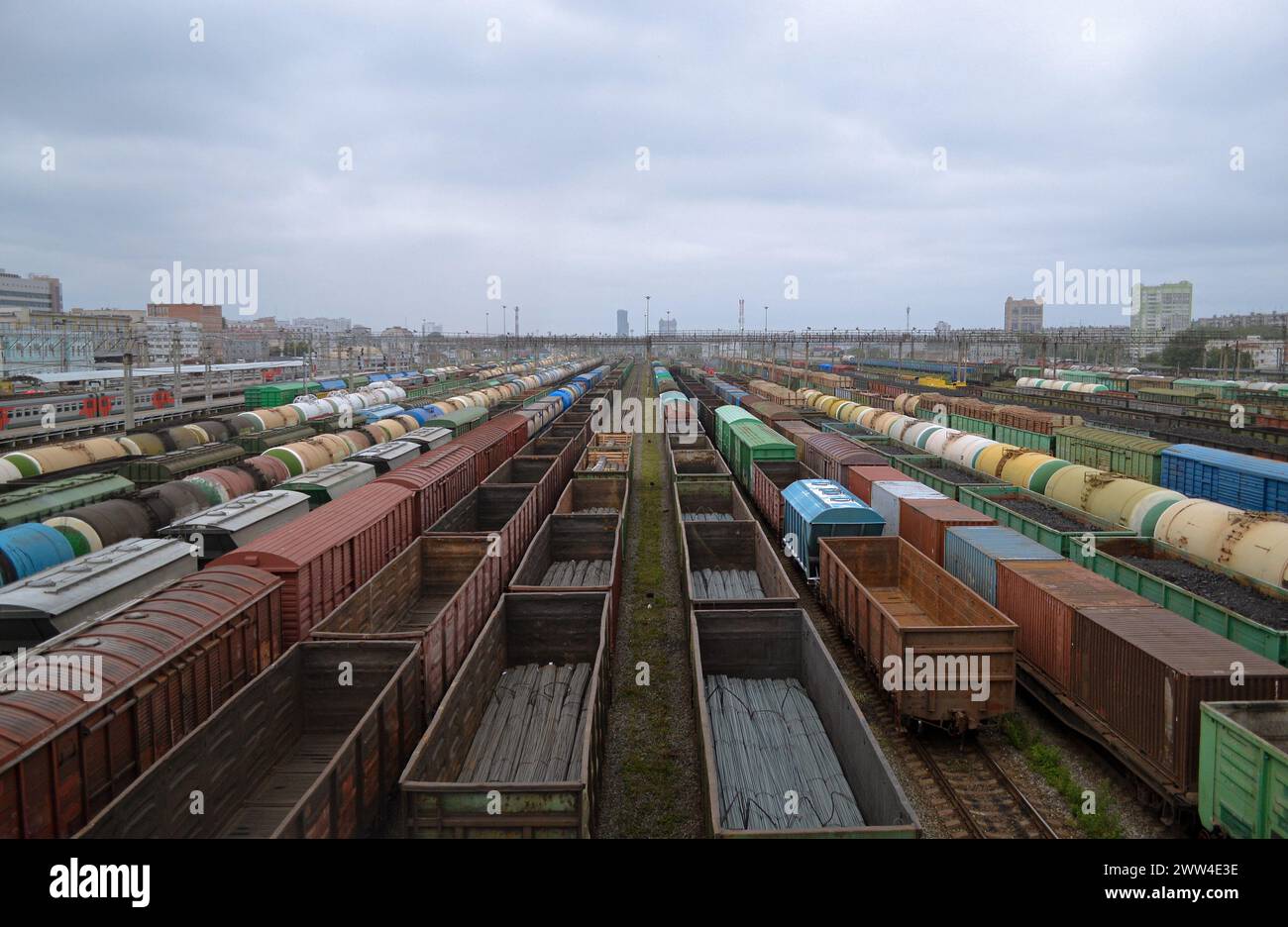 Freight cars are parked at the station on the railroad tracks Stock ...