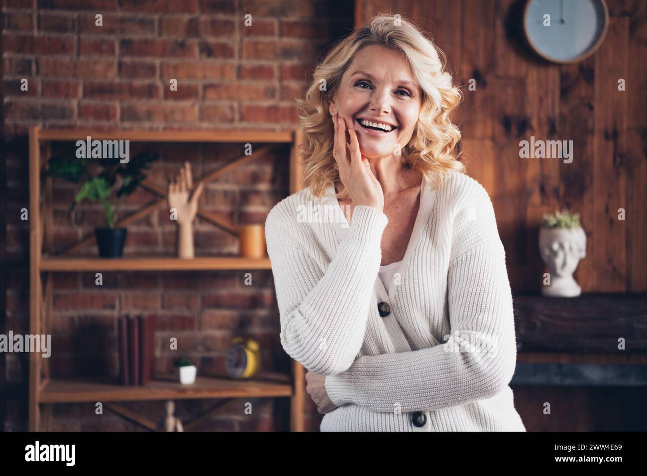 Photo portrait of lovely retired woman touch chin cheerful dressed ...