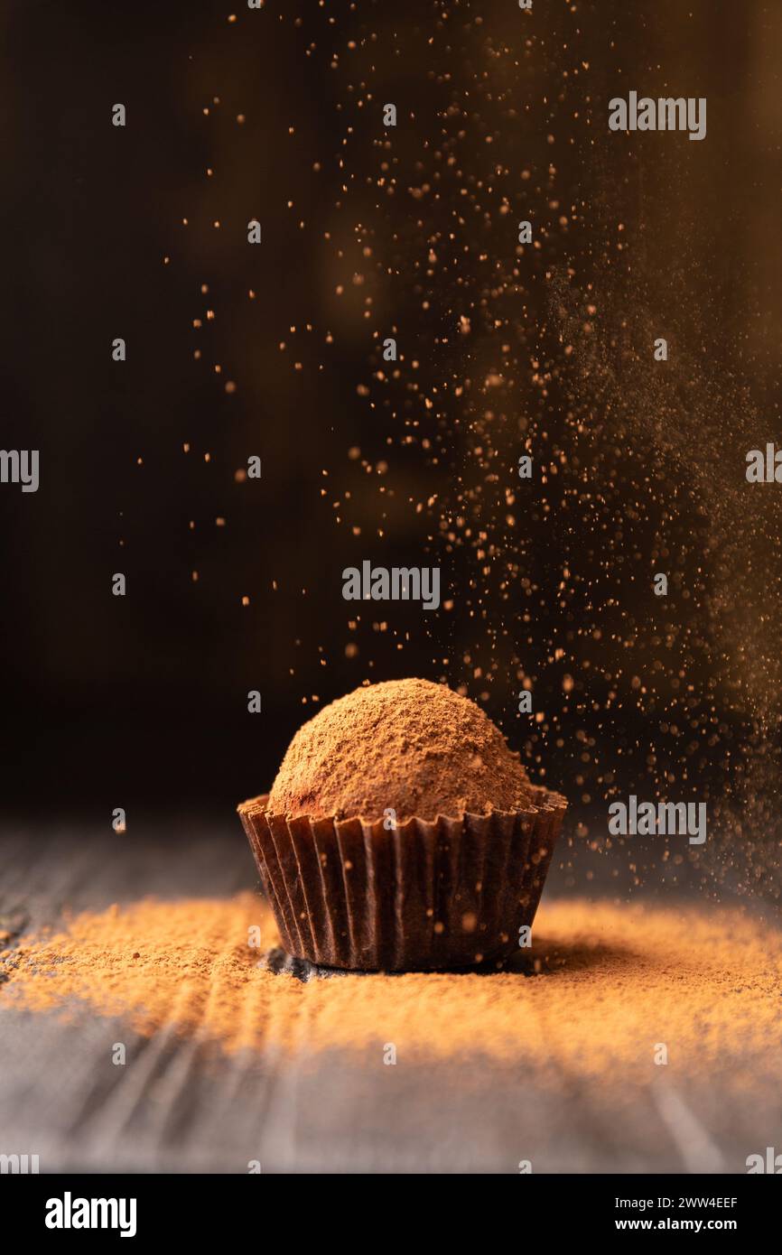 Cocoa powder is sprinkled on a chocolate truffle under a beautiful ...
