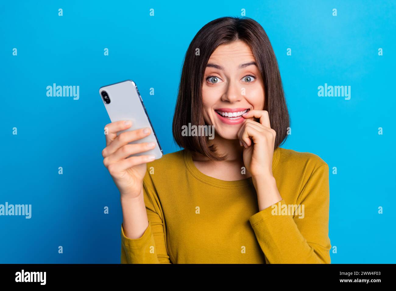 Photo of cunning cute woman wear shirt finger mouth chatting modern ...