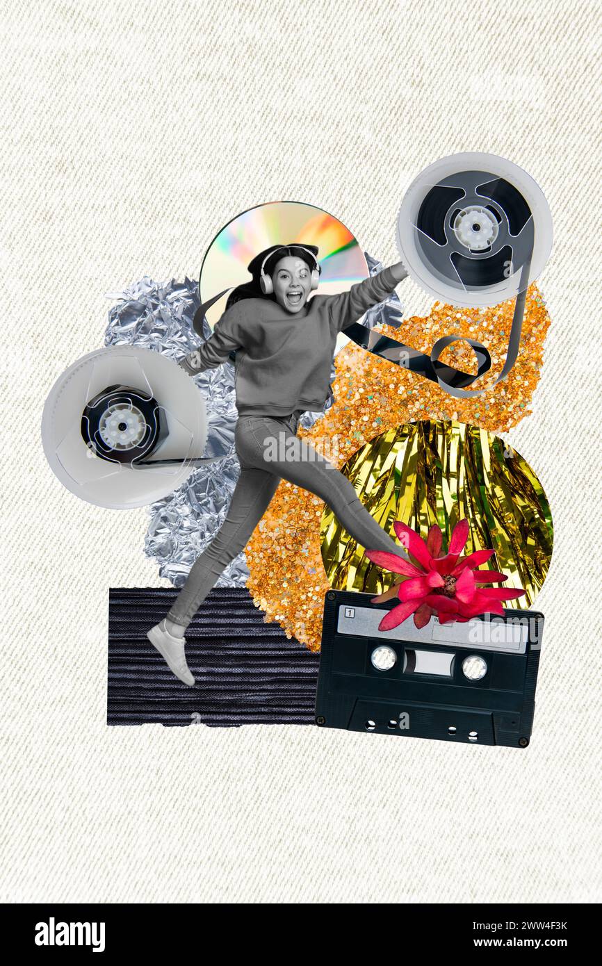 Vertical collage picture of overjoyed black white colors girl listen ...
