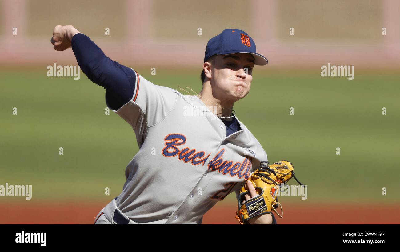 Bucknell pitcher Jake Schultz throws against Saint Joseph's during an ...