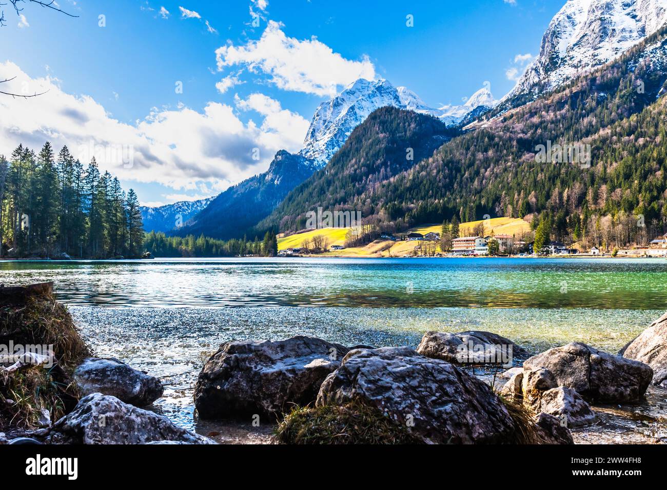Lake Hintersee in Germany, Bavaria, Ramsau National Park in the Alps ...