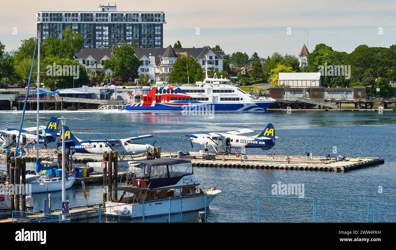 Three Harbor Air float planes moored at a wharf in the inner harbor ...
