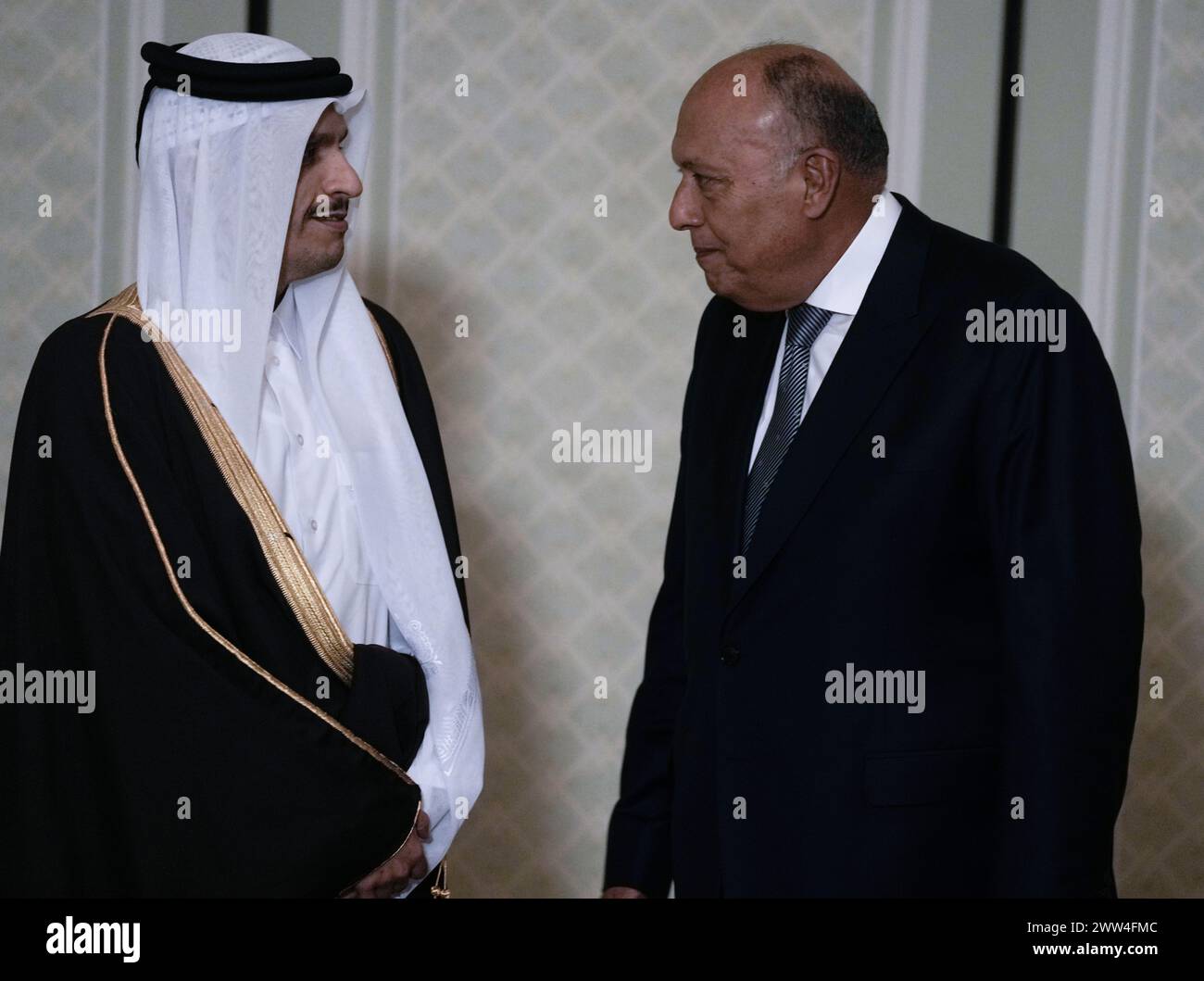Egyptian Foreign Minister Sameh Shoukry, right, talks to Qatari Foreign Minister Sheikh Mohammed ...