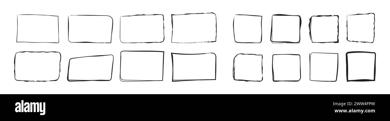 Squares, rectangle, grunge vector set in sketch style. Black frames ...
