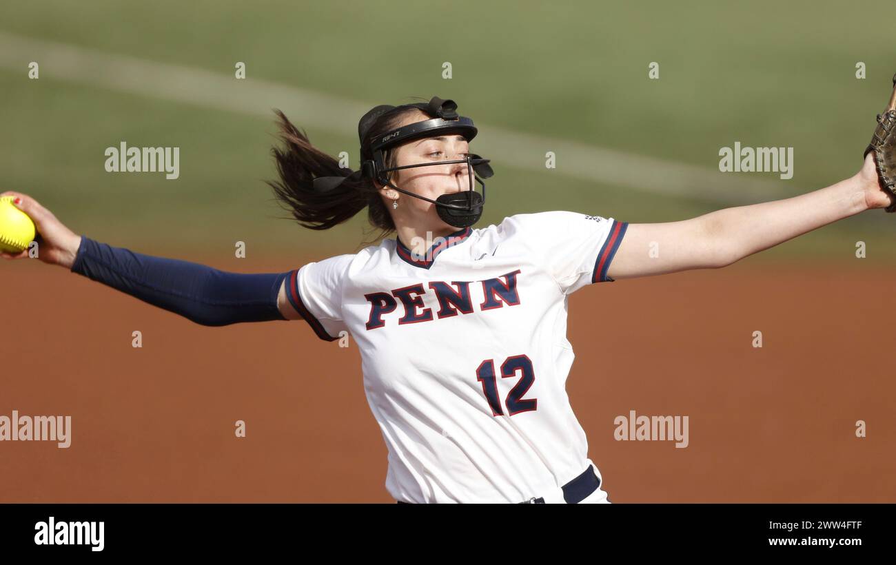 Penn pitcher Rachel Riley throws against Coppin State during an NCAA softball game on Friday ...