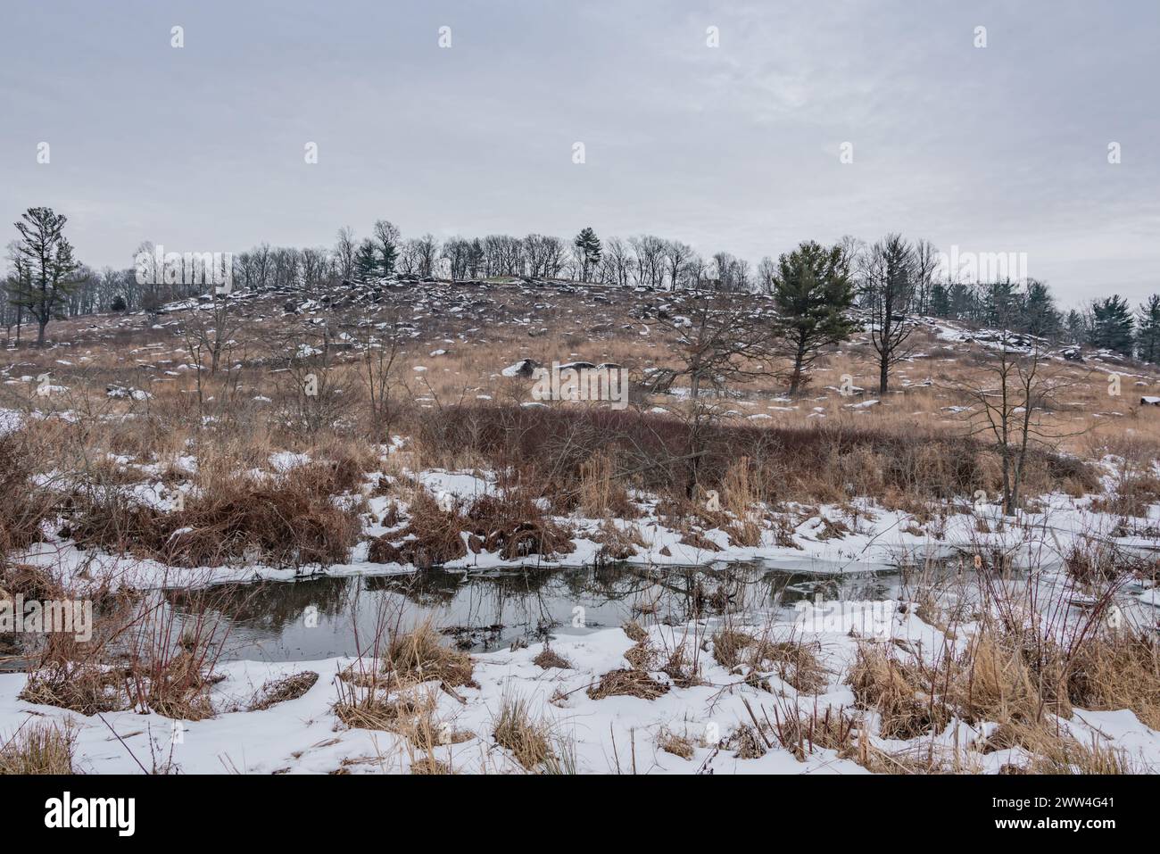 Reflections in Plum Run on a Snowy January Day, Gettysburg Pennsylvania ...