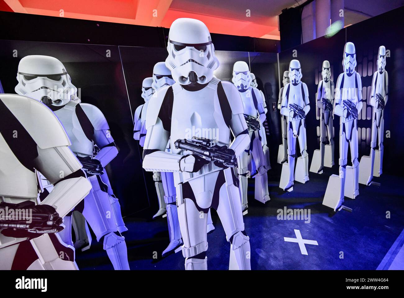 A Stormtrooper costumed character poses at the Hasbro and Amazon Star ...