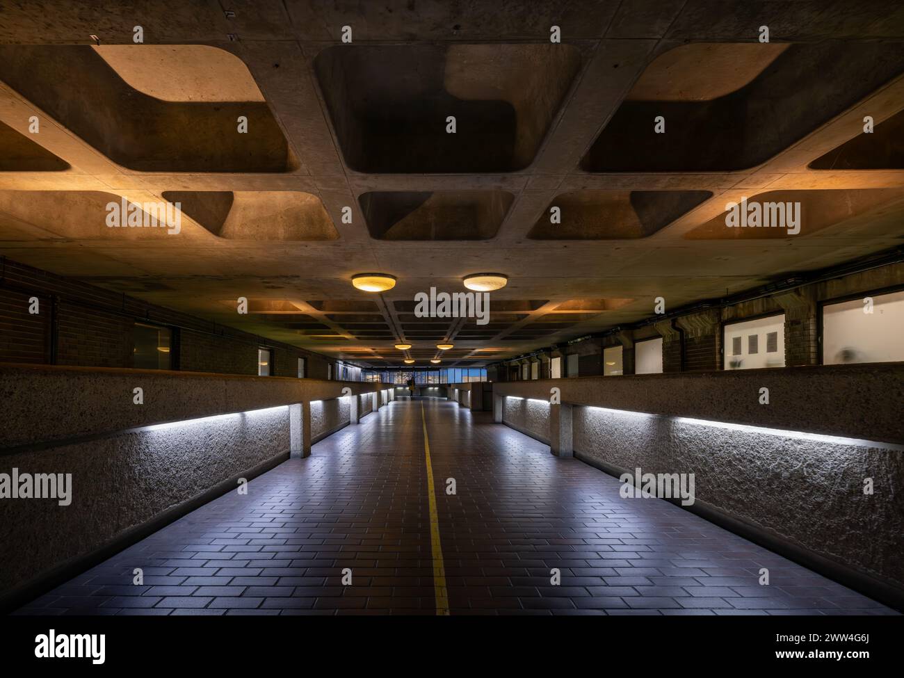 London, UK: Walkway in the Barbican Estate in the City of London. The ...