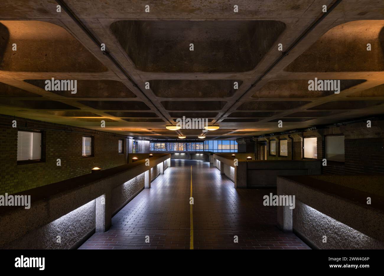 London, UK: Deserted walkway in the Barbican Estate in the City of ...