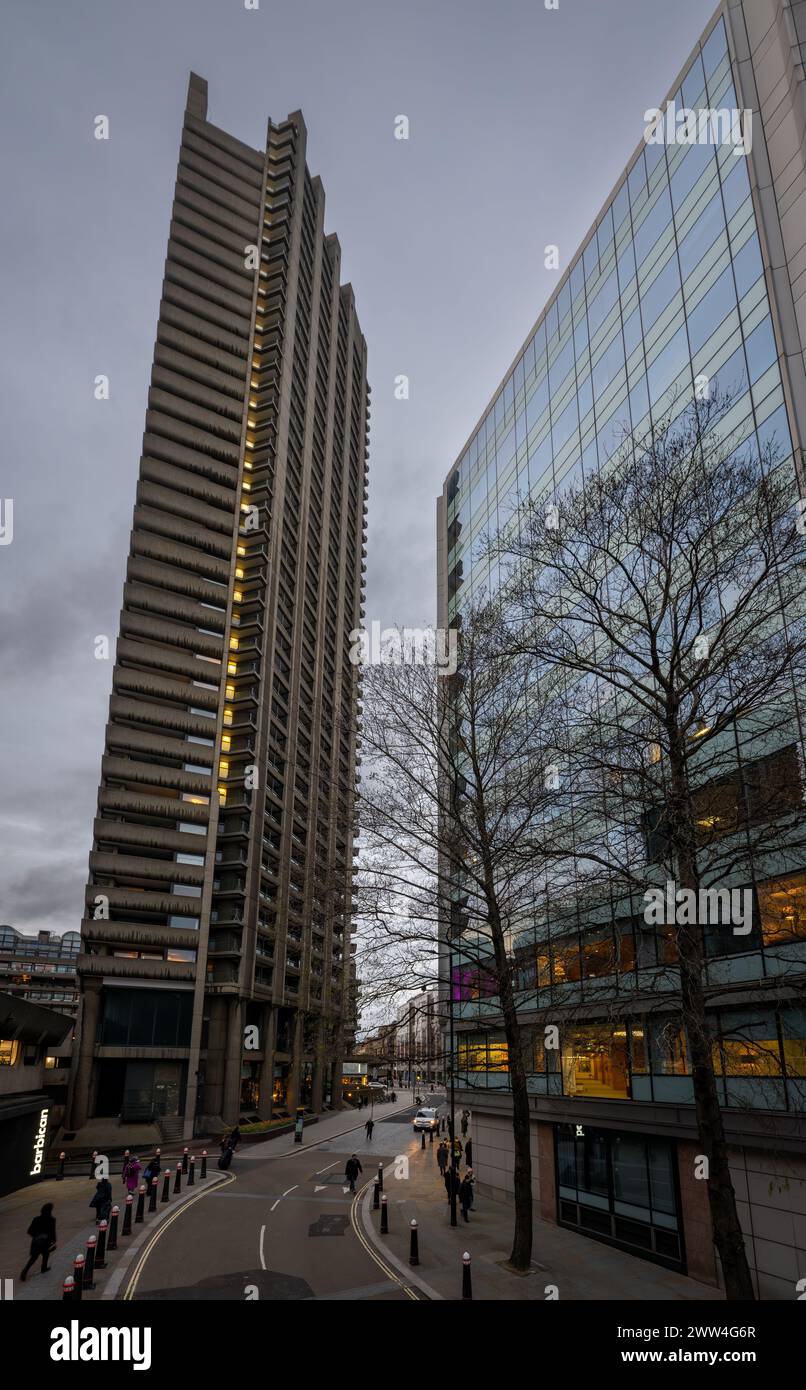 London, UK: Cromwell Tower on Silk Street, part of the Barbican Estate ...
