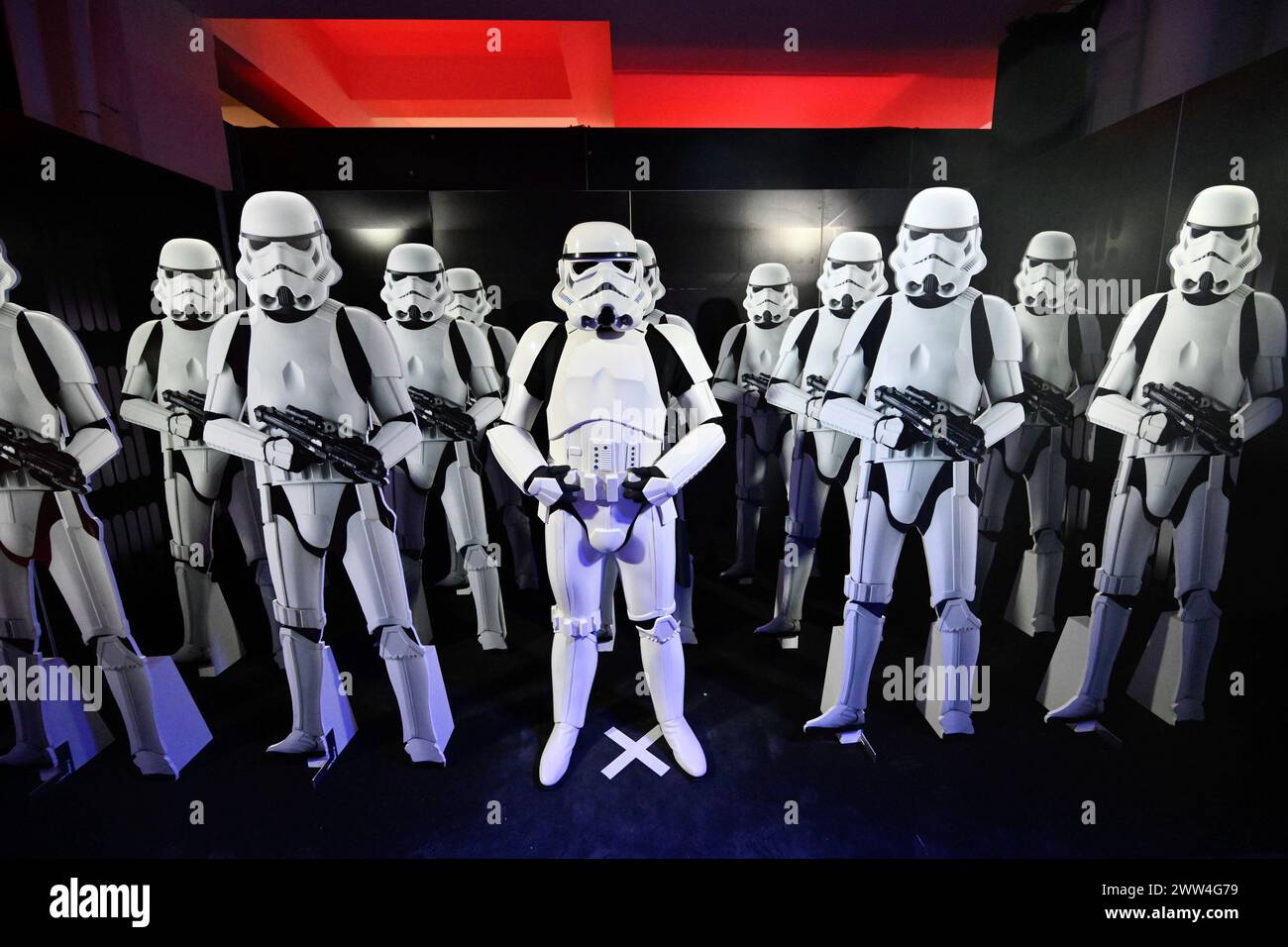 A Stormtrooper costumed character poses at the Hasbro and Amazon Star ...