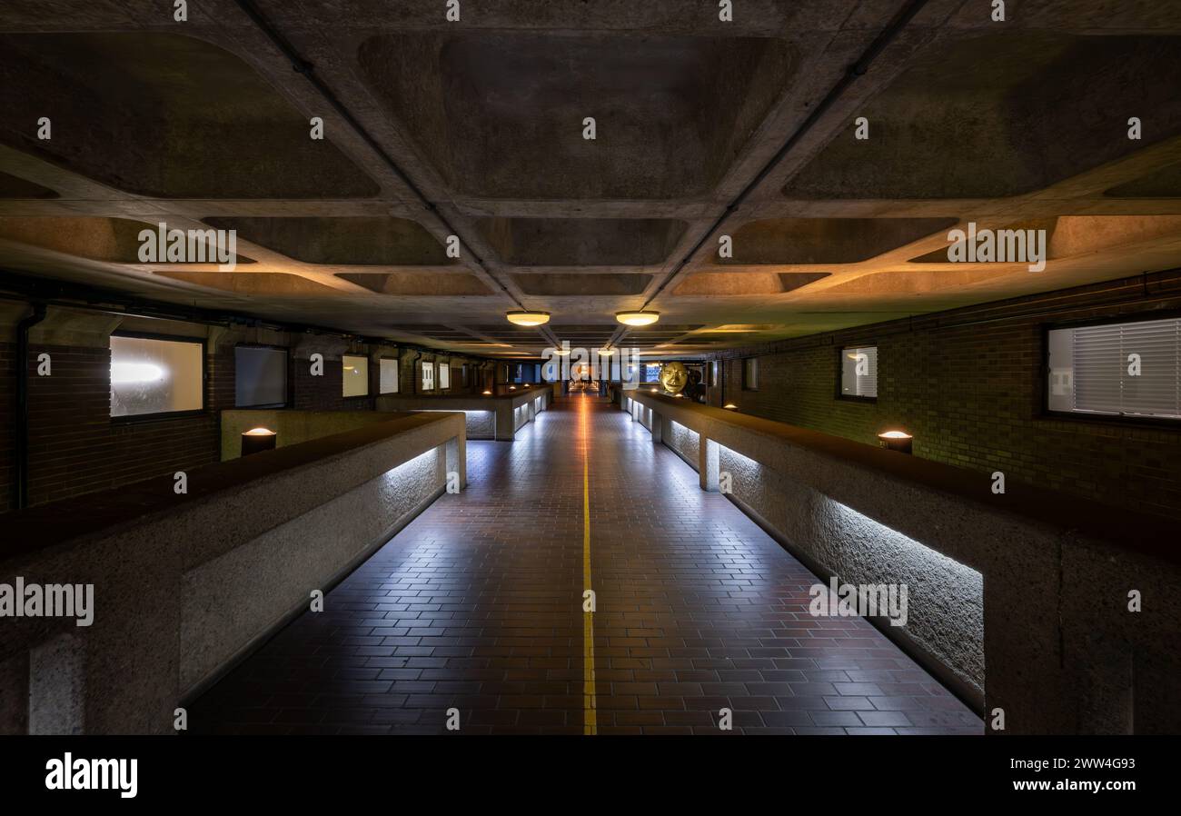 London, UK: Walkway in the Barbican Estate in the City of London. The ...