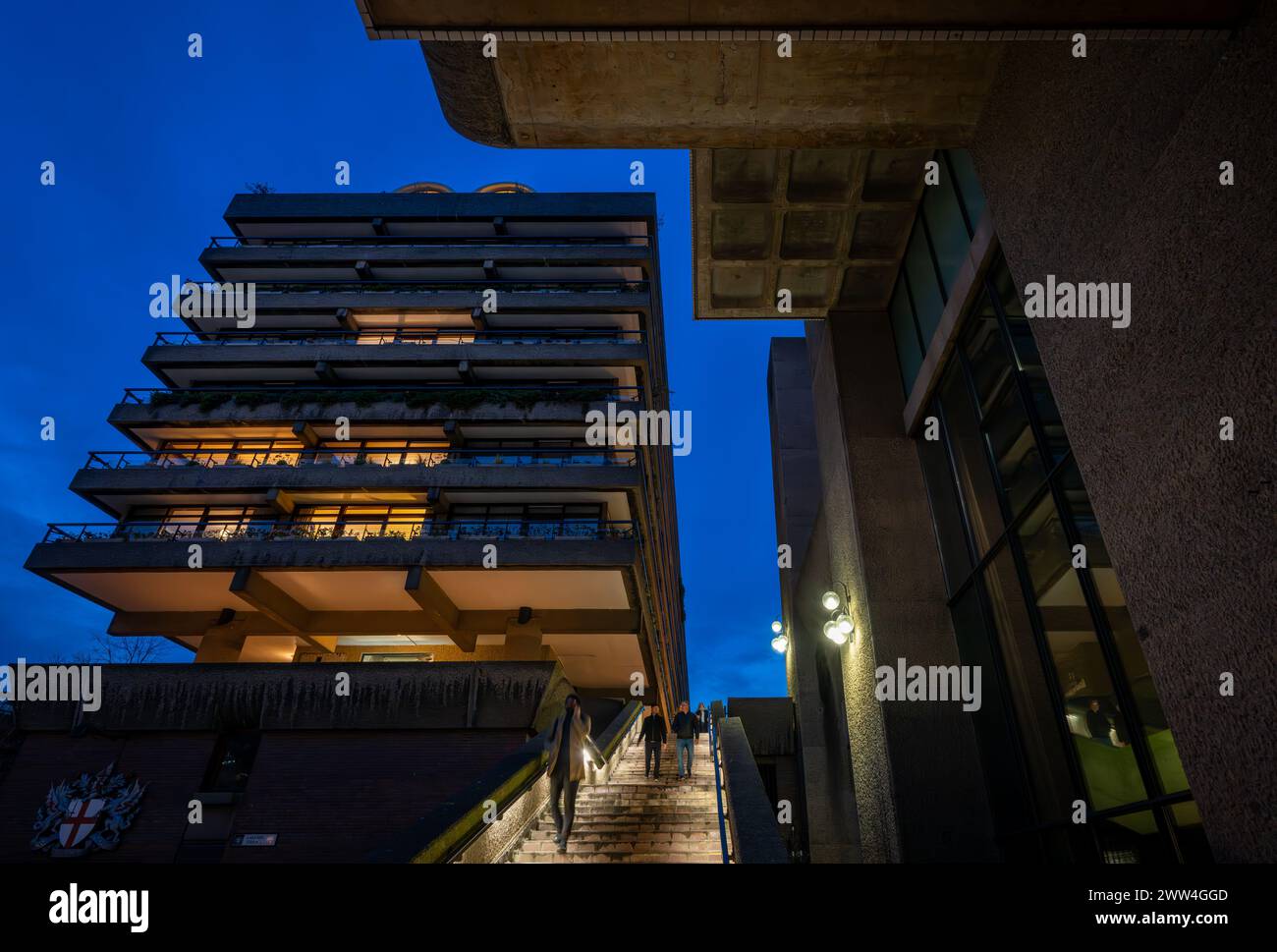 London, UK: Residential blocks with steps at night on the Barbican ...