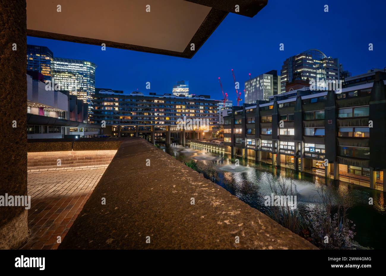 London, UK: Night view of the Barbican Estate in the City of London ...