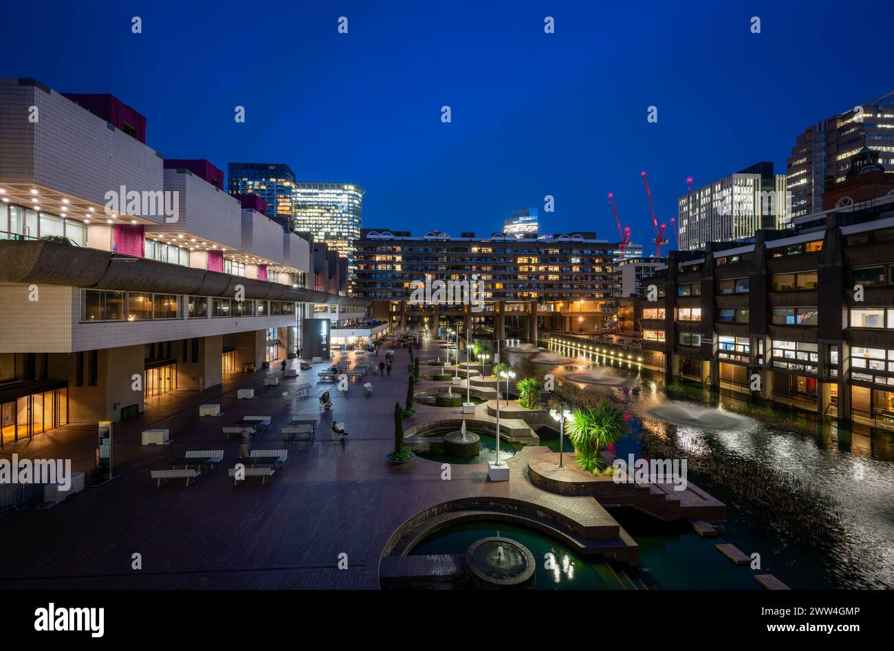 London, UK: Night view of the Barbican Estate in the City of London ...