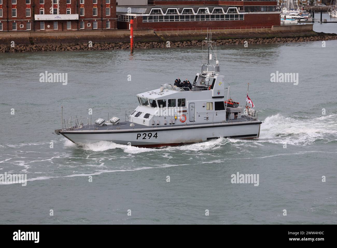The Royal Navy patrol craft HMS TRUMPETER (P294) sails for a four month ...