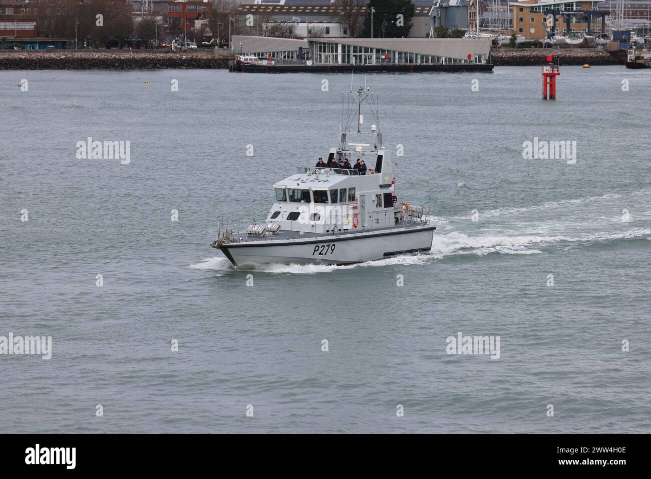 The Royal Navy patrol craft HMS BLAZER (P279) sails for a four month ...