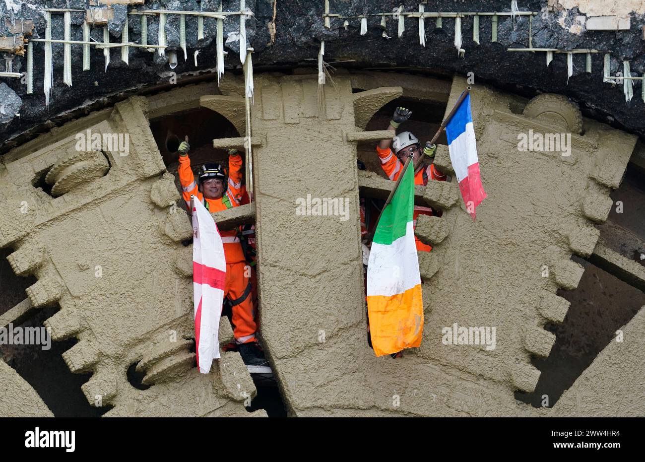 HS2 workers wave flags from the boring machine Cecelia following its ...