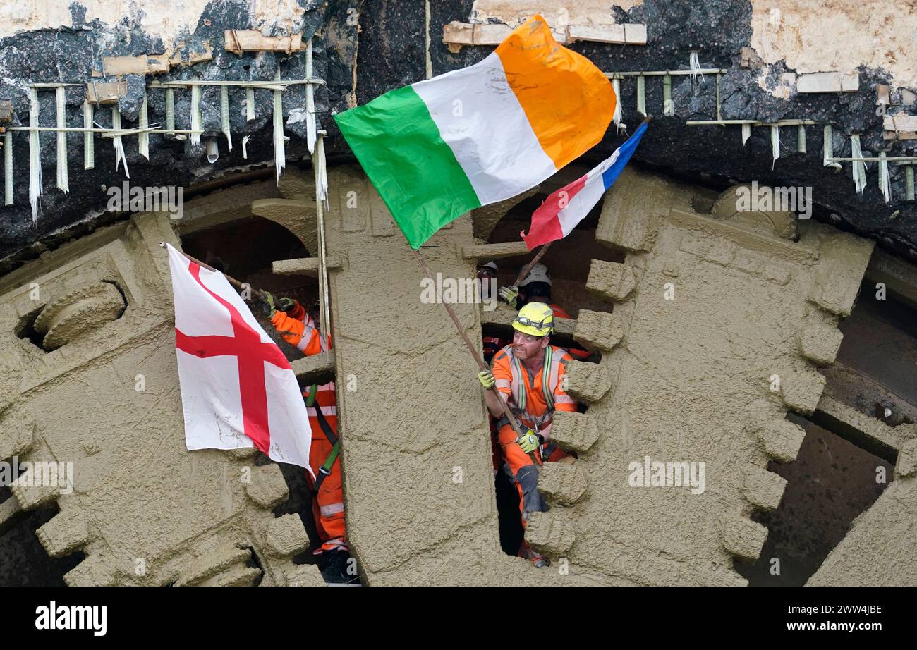 HS2 workers wave flags from the boring machine Cecelia following its ...