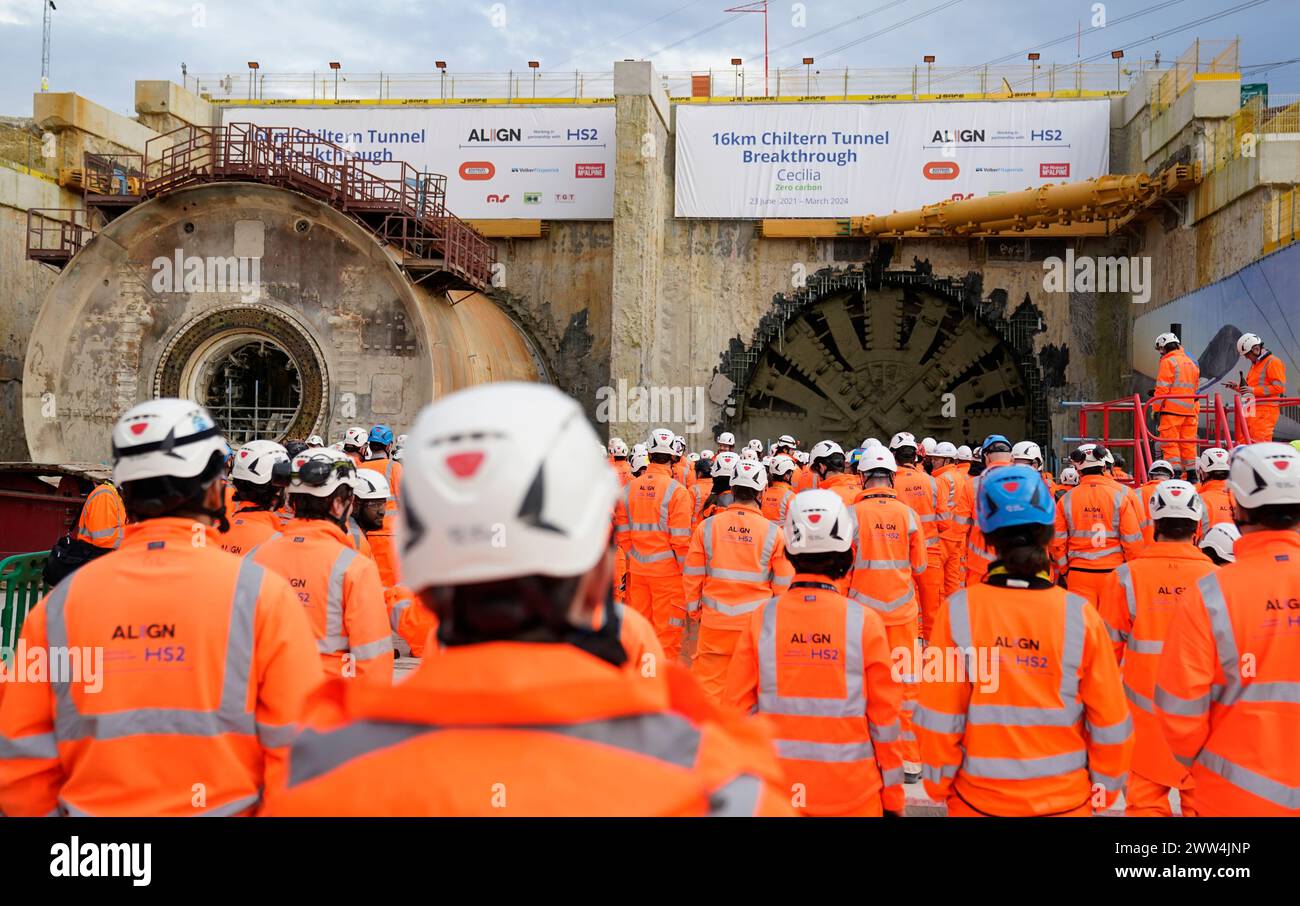 HS2 workers look on as the boring machine Cecelia breaks through after ...