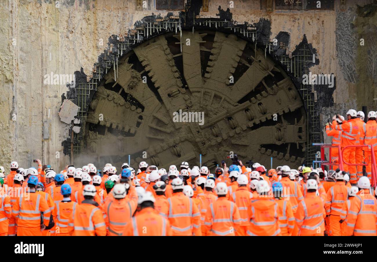 HS2 workers look on as the boring machine Cecelia breaks through after ...