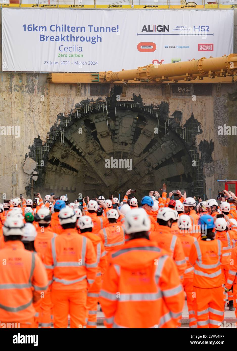 HS2 workers look on as the boring machine Cecelia breaks through after ...
