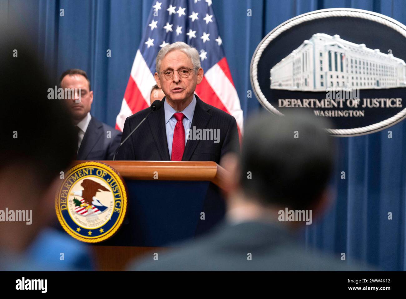 Attorney General Merrick Garland speaks during a news conference at Department of Justice ...