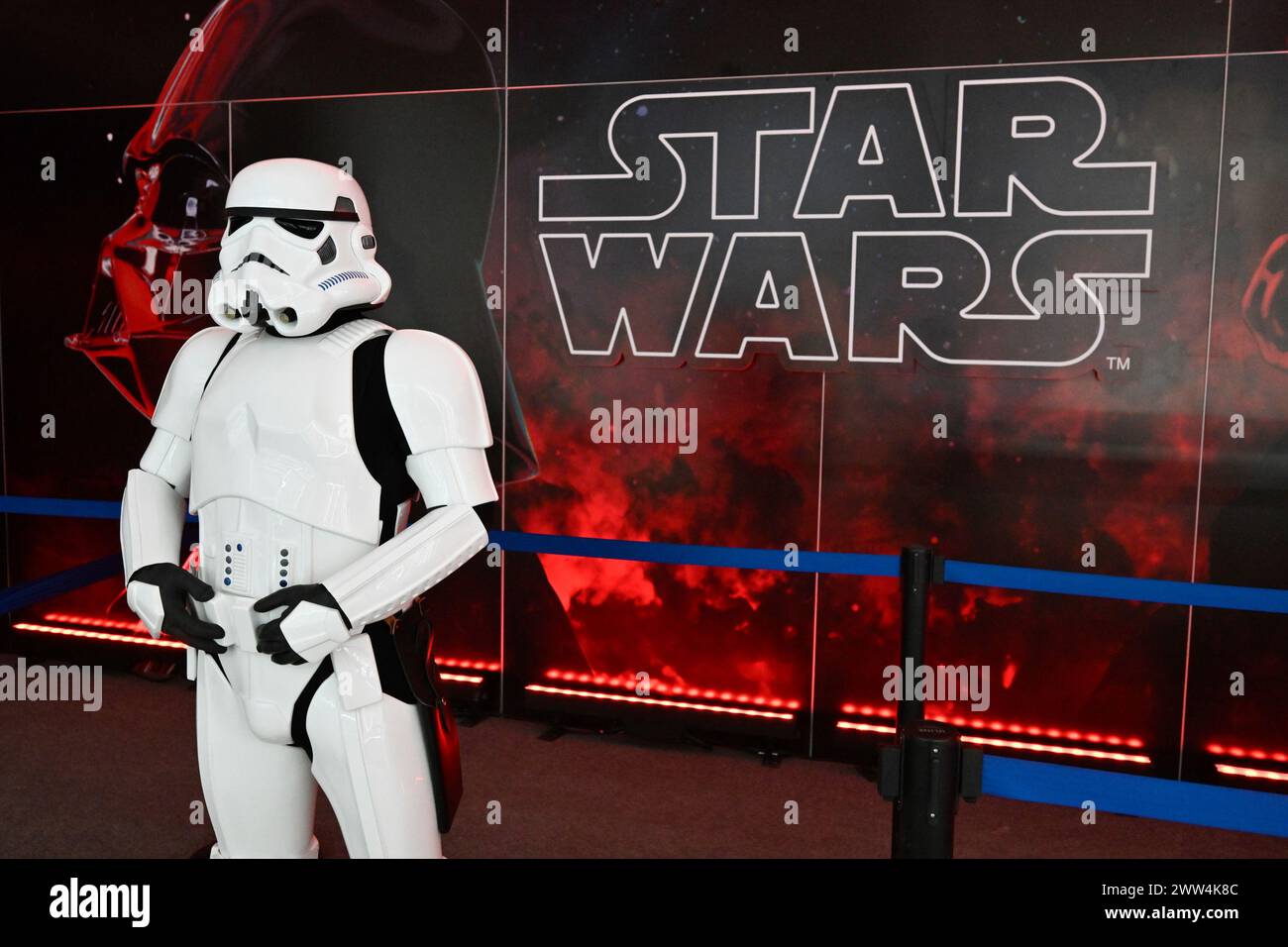 A Stormtrooper costumed character poses at the Hasbro and Amazon Star ...