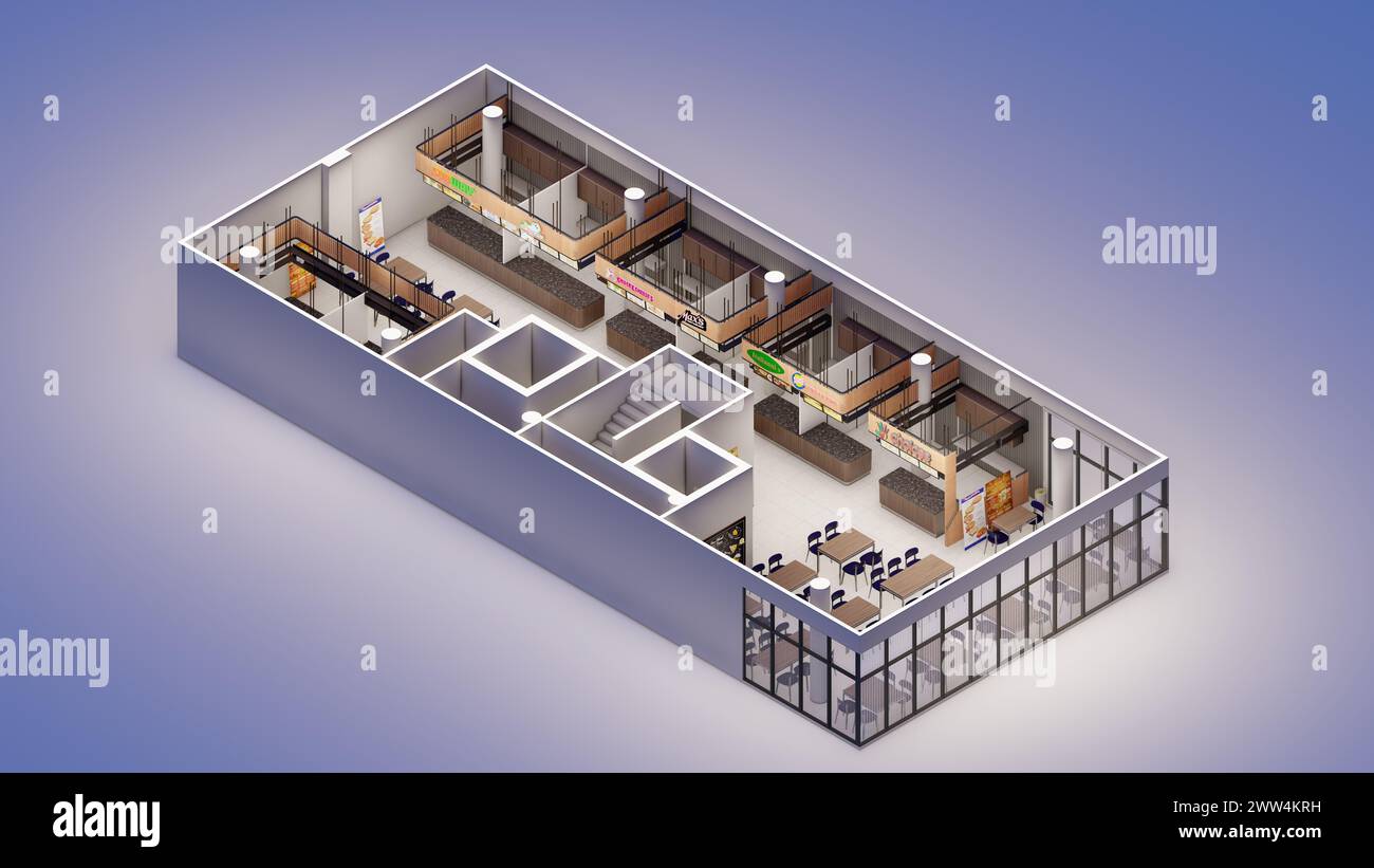 Isometric interior design of a food court 3d rendering Stock Photo - Alamy