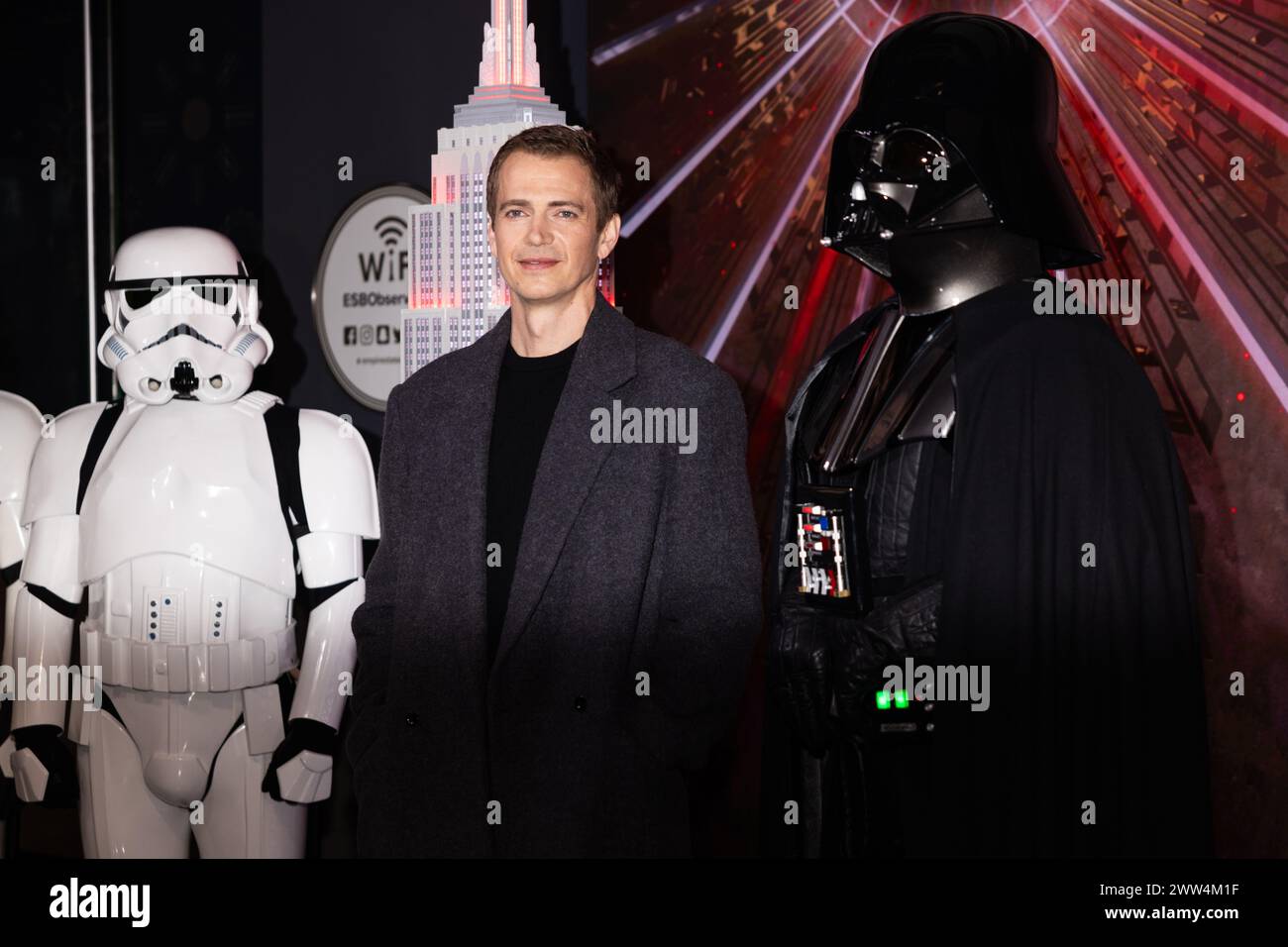 New York, USA. 21st Mar, 2024. Actor Hayden Christensen lit up the Empire State Building in New ...